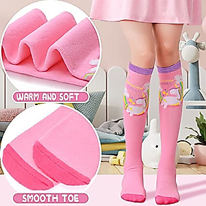 Kids Girls Knee High Socks Unicorn Gift Long Boot Crazy Silly Fun Animal Socks Tall Funny Colorful Stocking Stuffer Child Socks 6 Pairs (Animal Rainbow Unicorn)