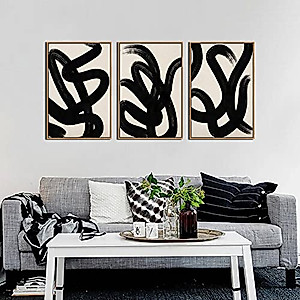 Framed Wall Art Canvas Set Abstract Lines Pictures Modern Mid Century Boho Wall Decor Minimalist Abstract Black Stroke Lines Canvas Painting Artwork Living Room Bedroom Home Office 16"x24"x3 Natural