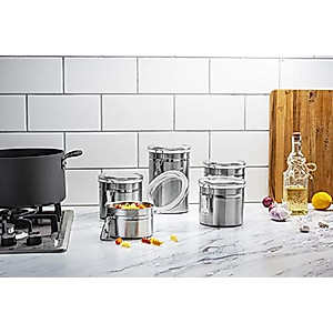 5pc Stainless Steel Canister Set with Clear Acrylic Lids & Clamp Airtight Durable & Stackable Food Storage Container for Kitchen Counter & Pantry, Tea, Sugar, Coffee, Flour, Rice, Pasta, Spices, Herbs