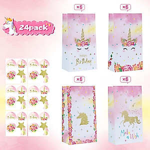 DECORLIFE 24PCS Unicorn Party Favor Bags, Unicorn Goodie Bags for Girls' Birthday Party, Perfect for Girls, Kids, Boys, Stickers Included, 4 Styles