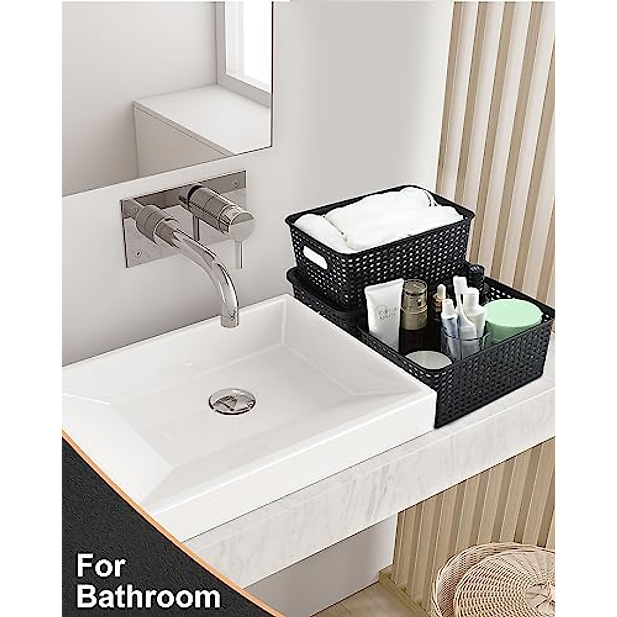 RAXMETRY Plastic Storage Baskets with Lids Pantry Organization and Storage Bins Lidded Container Organizers for Shelves Desktop Drawer Closet Bedroom, Black