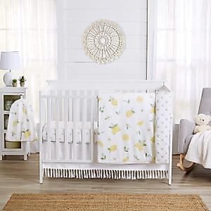 Sweet Jojo Designs Lemon Floral Baby Girl Nursery Crib Bedding Set - 4 pieces - Yellow Green Beige White Watercolor Boho Bohemian Farmhouse Fruit Flower Blossom Botanical Leaf Tassle