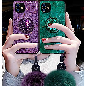 Aulzaju for Samsung S21 Ultra Case Bling Diamond Sparkle Marble Bumper Cover with Ring Kickstand Cute Glitter Rhinestone Fluffy Ball Wrist Strap Girl Woman Phone Case for Galaxy S21 Ultra (Green)