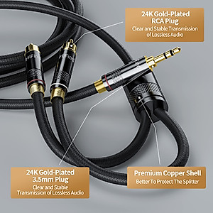HiFind 3.5mm to 2 RCA Stereo Audio Cable 10 Ft (Real Hi-Fi Sound-Silver Plated Copper-Spring SR-Braided) 3.5 mm 1/8" TRS Male to Dual RCA Male Bidirectional Cable for Home Theater,Speaker