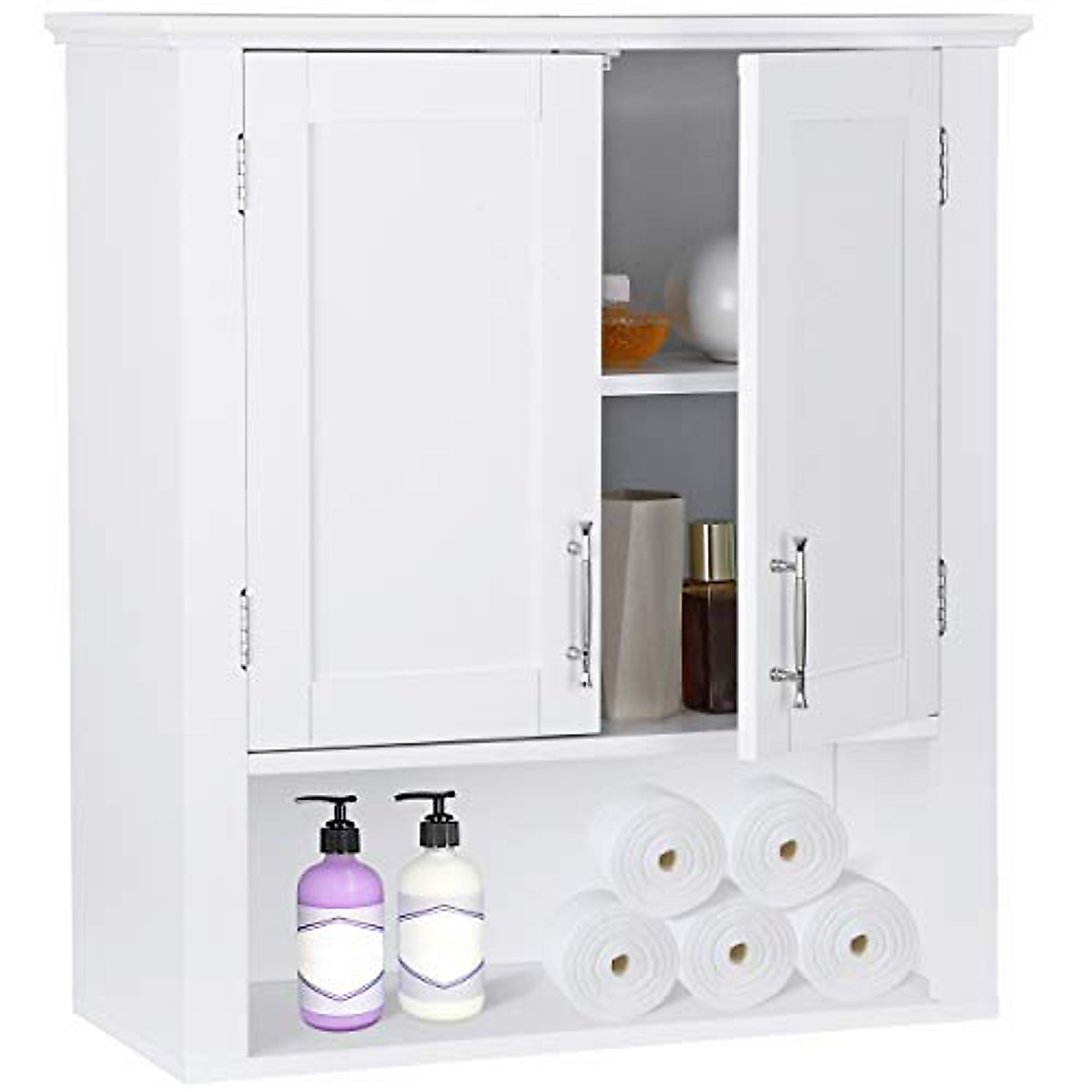 LEMY 2-Door Bathroom Surface Mount Medicine Cabinet, Wood Hanging Cabinet with Adjustable Shelves & Open Storage Over The Toilet for Bathroom Kitchen Bedroom