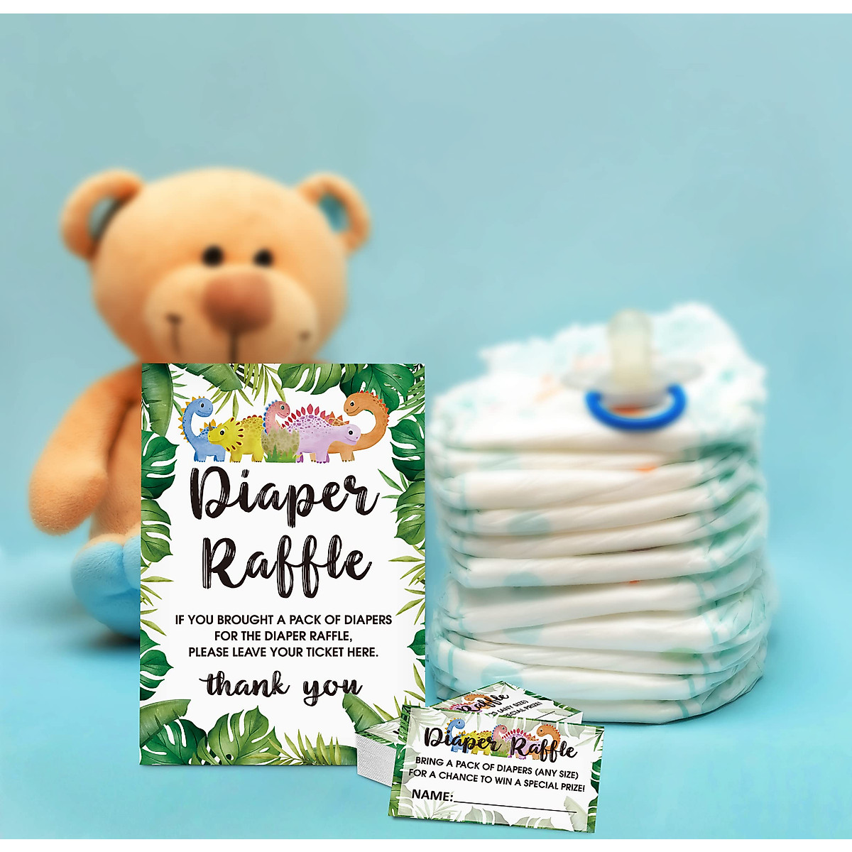 Diaper Raffle Baby Shower Game Set(1 Standing Sign + 50 Guessing Cards), Dinosaur Theme Diaper Raffle Tickets for Baby Shower, Safari Jungle Baby Shower Party Favor Decor - A18