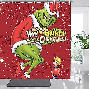 Christmas Shower Curtain Rug Bath Mat Toilet Lid Cover for Bathroom 4 Pcs Sets with 12 Hooks Weighted Lead Hem Waterproof Polyester Shower Curtains (Angel and Grin.ch-65(4 Pcs Sets), 72" L x 72" W)
