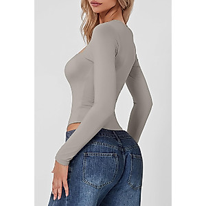 QINSEN Women's Sexy Square Neck Bodysuit Long Sleeve Double Shirt Tops Light Quiet Gray S