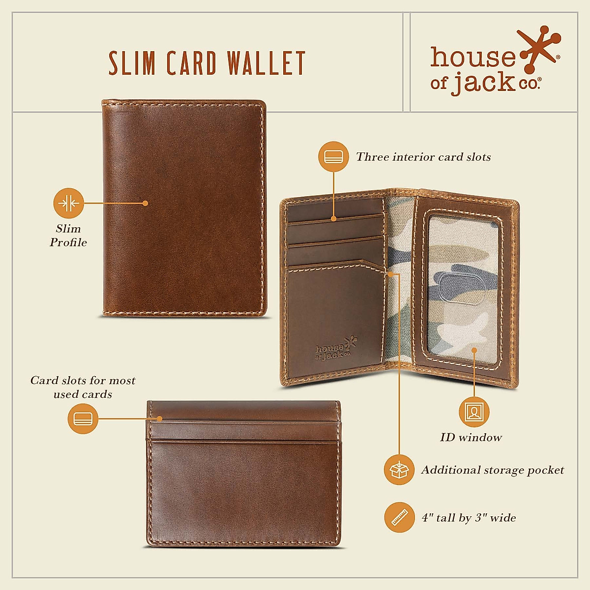 House of Jack Co. Slim Card Wallet | Bifold Credit Card Wallet For Men | Full Grain Cowhide | Minimalist Front Pocket Wallet | Mens Card Holder | Travel Wallet