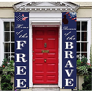 NUOGIC American Flag Patriotic Soldier Porch Sign Banners -“HOME of the FREE” and “Because of the BRAVE”- Hanging Banner for 4th of July Decor/ Independence Day/ Memorial Day/ Veterans Day/ Labor Day