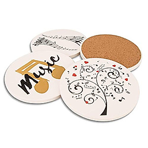 Coasters for Drinks Absorbent, Marble Coasters, Haina Drink Coaster Set of 4 - Music Style Home Decor Stone Coasters with Cork Backing Unique Present for Friends, Men, Women, Home, kitchen, - White