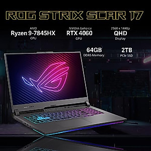 ASUS 2023 ROG Strix G17 17.3” QHD 240Hz Gaming Laptop, AMD Ryzen 9-7845HX, NVIDIA GeForce RTX 4060, 64GB DDR5, 2TB PCIe SSD, RGB Backlit Keyboard, Wi-Fi 6E, Win 11 Home, Gray, 32GB Snowbell USB Card