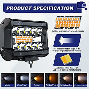 ASLONG 20 Inch LED Light Bar Combo Beam Offroad Driving Light + 2x 4inch White/Amber Yellow LED Pods Strobe Lights + Tube Clamp Mounting Bracket UTV Flag Mount Whip Light Mount w/Wiring for Pickup 4WD