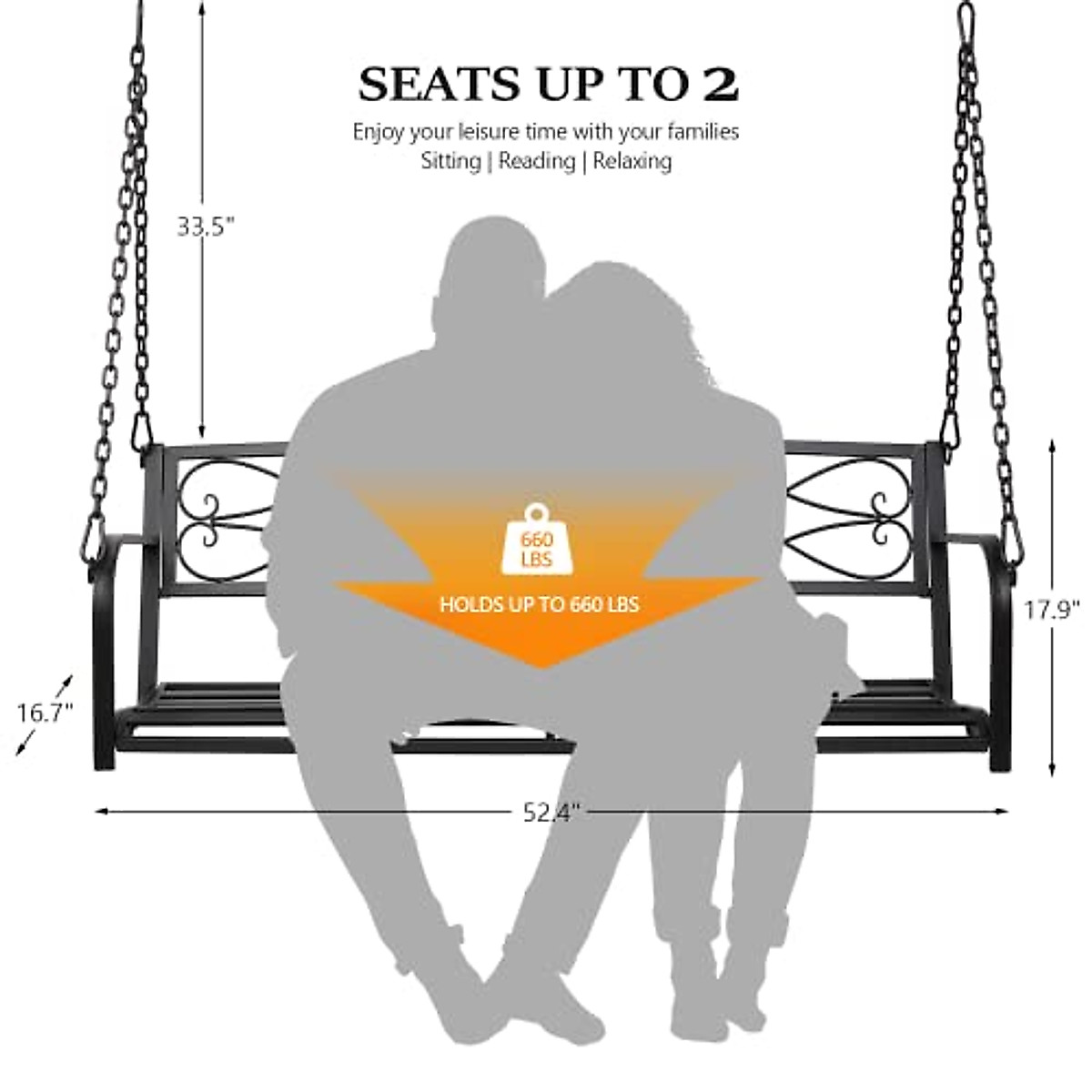 VINGLI Upgraded Metal Patio Porch Swing, 660 LBS Weight Capacity Steel Porch Swing Chair for Outdoors, Heavy Duty Swing Chair, Bench Swing for Gardens & Yards (Black)