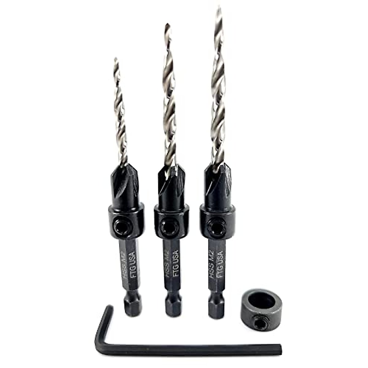 FTG USA Wood Countersink Drill Bit Set 3 Pc Countersink Drill Bit #6#8#10 Tapered Drill Bits with Improved Countersink Connection Drill Bit to Hex Shank Without Pin, 1 Stop Collar, 1 Allen Wrench
