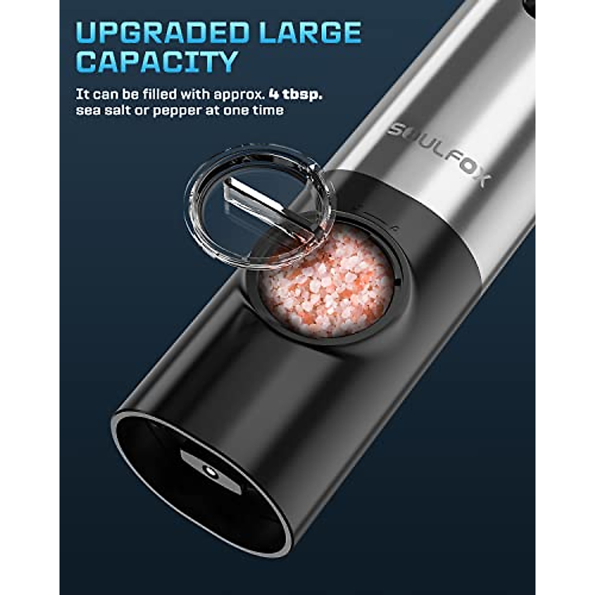 SoulFox Electric Salt and Pepper Grinder Set with USB Rechargeable - No Battery Needed - One Handed Operation - White Light - Adjustable Coarseness Automatic Electronic Spice Mill Shakers Refillable