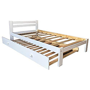 Amazonas White Twin Bed with Trundle Wooden Trundle Bed Twin Size Solid Pine Wood and Hardwood Slats Support Kids Bed Boy Girl Wooden Bedroom Furniture