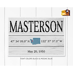 Custom Family Name with GPS Coordinates and State Wall Art for Housewarming, Wedding, or Anniversary Gift (Framed Canvas, 24" x 36")