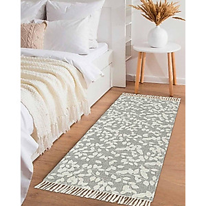 Grey White Botanical Kitchen Runner Rug 2'x4', Washable Woven Cotton Area Rug with Tassels Bathroom Hallway Rug, Pastoral Spring Floral Summer Art Entryway Bedroom Rug Non Slip Throw Rug Carpet