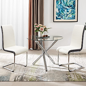 Modern Round Dining Table with Clear Tempered Glass Top, 3 Chrome Legs Kitchen Table for 2 or 4 Person,Round Dining Table Furniture for Home Office Kitchen Dining Room(W 35.4 x L 35.4 x H 29.5 inch)