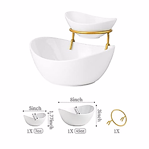 Miamolo Porcelain Serving Bowl Set for Appetizer Serving Dishes Set with 2 Compartment, Chip and Dip Taco Rack Display Salad Bar Serving Set, Gold Stand