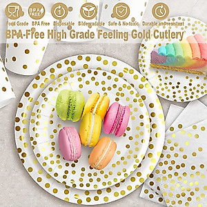 350PCS White and Gold Party Supplies, Severs 50 Disposable Gold Paper Plates Party Supplies Engagement Party Decorations Plastic Forks Knives Spoons Napkins Cups for Wedding Bachelorette