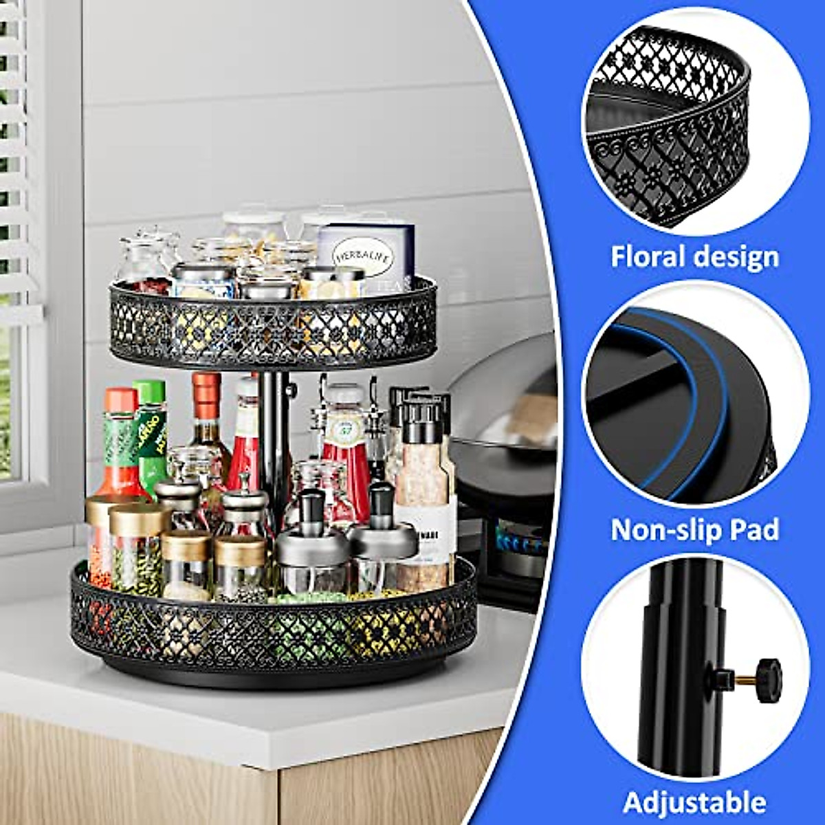 Lazy Susan Organizer 2 Tier - Turntable Spice Rack 12 inch Adjustable Metal Rotating Lazy Susan for Cabinet Pantry Kitchen Countertop Dining Table Cupboard Bathroom Vanity Storage Black