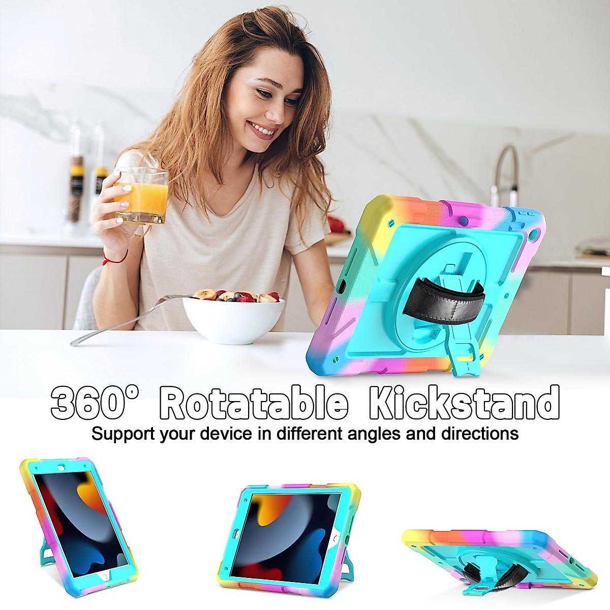 LTROP Case for iPad 9th/ 8th/ 7th Generation (2021/2020/2019), Shockproof 10.2” iPad Cover with Shoulder Strap Pen Holder Swivel Stand, Aqua Teal