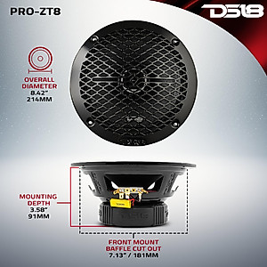 DS18 PRO-ZT Pro Audio Coaxial Midrange Speakers with Built-in Bullet Tweeter, 4-Ohms, Water Resistant - Black Metal Mesh Grill Included (1 Speaker) (8" inches)