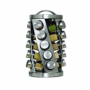 Kamenstein 20 Jar Twist Revolving Countertop Spice Rack Organizer with Spices Included, FREE Spice Refills for 5 years, Brushed Stainless Steel with Black Caps
