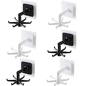Kitchen Utensil Hanger,Under Cabinet Holder 6 Pieces 360 Degrees Rotating Folding Hook Self-Adhesive Waterproof Utility for Home Bathroom No Drilling （3 White+3 Black）, 4.3×2.7×1.9 inch