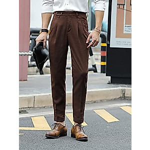 SweatyRocks Men's High Waist Fold Pleated Crop Suit Pants Work Office Business Long Trousers with Pockets Coffee Brown M