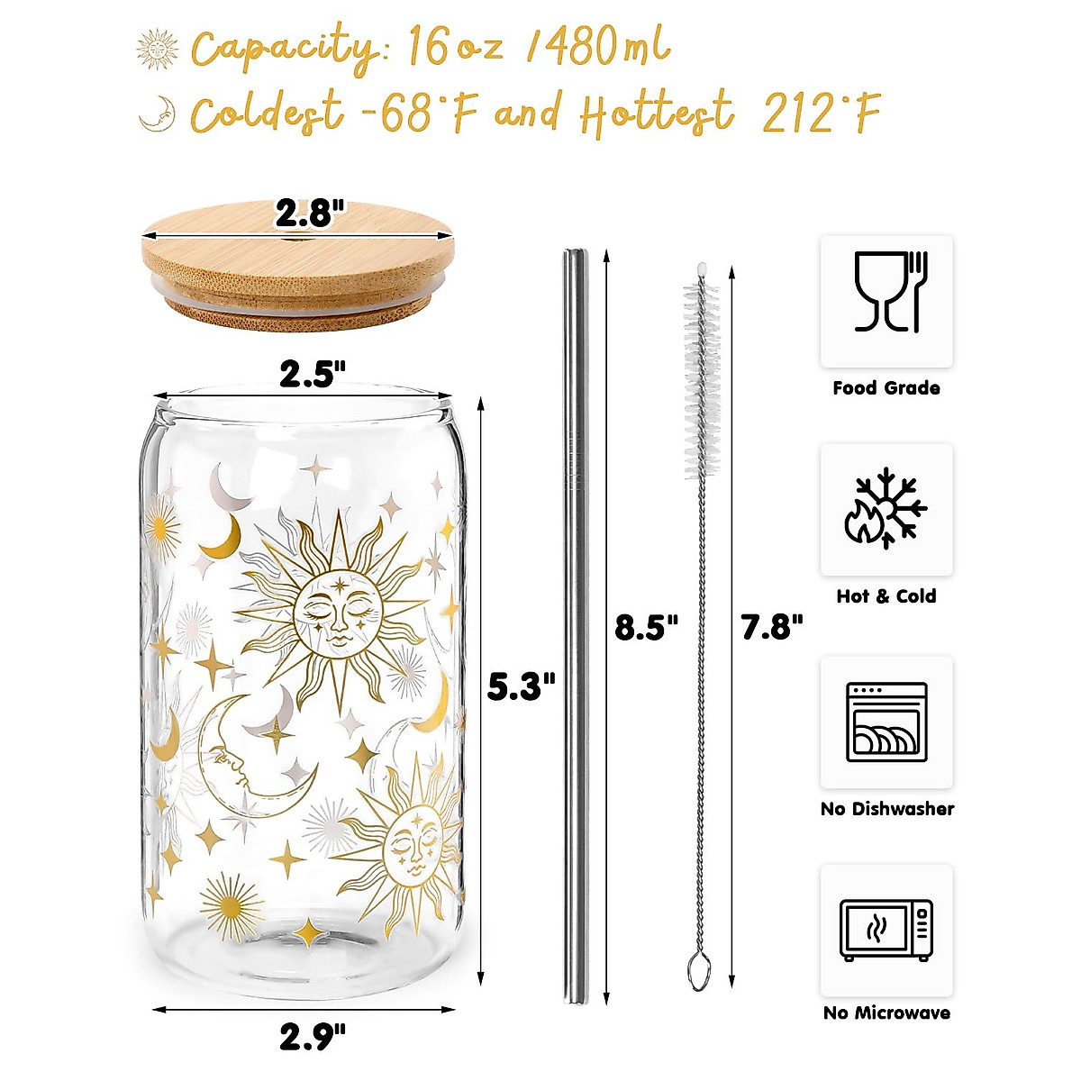 Nefelibata Sun and Moon Iced Coffee Cup Beer Can Glass for Hot/Cold Beverages Gothic Sun Moon Star Tumbler with Lid and Straw Celestial 16oz Coffee Mug Witchy Tarot Gift Boho Home Decor Birthday Gifts