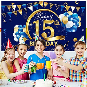 Happy 15th Birthday Banner Decorations for Boy - Blue Gold 15 Birthday Backdrop Party Supplies - 15 Year Old Birthday Photo Background Sign Decor