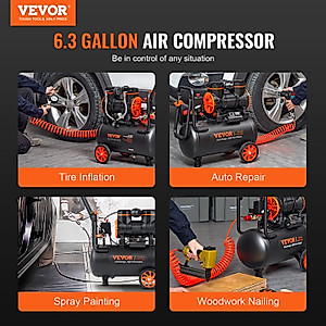 VEVOR 6.3 Gallon Air Compressor, 2 HP 3.35 CFM@ 90PSI Oil Free Air Compressor Tank & Max. 116PSI Pressure, 70 dB Quiet Compressor for Auto Repair, Tire Inflation, Spray Painting, Woodwork Nailing