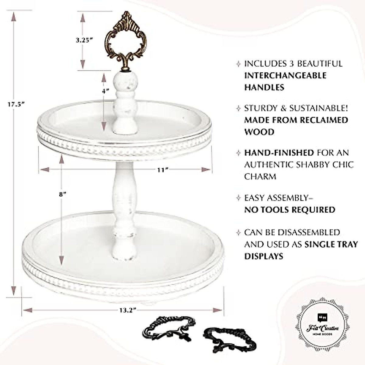 2 Tiered Tray Wooden Serving Stand by Felt Creative Home Goods. Small Shabby Chic Beaded Tray for Home Decor Display Farmhouse Country Decoration Kitchen or Dining. Includes 3 Custom Handles (White)