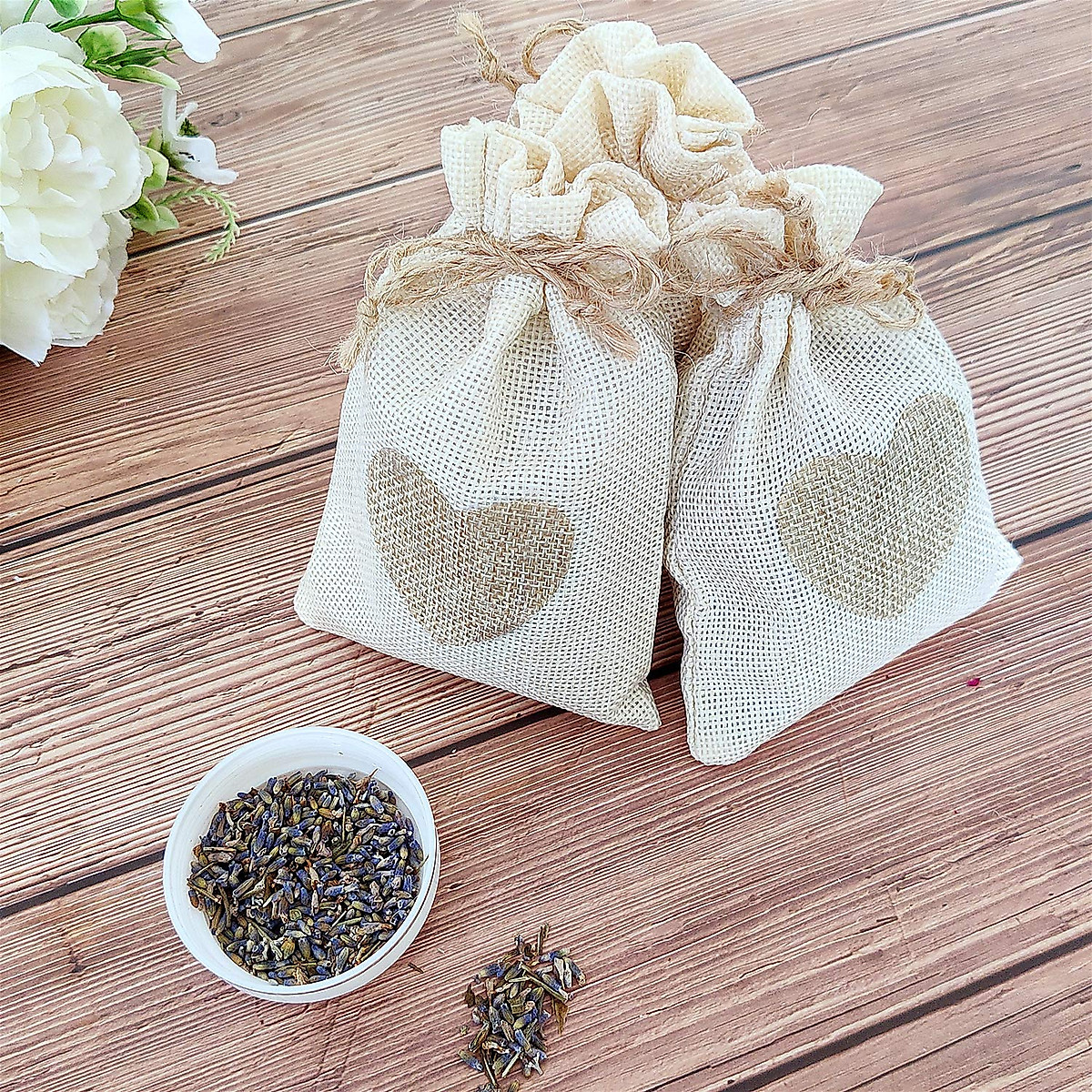 SumDirect Heart Burlap Bags with Drawstring - 36Pcs 4x6 Inch Beige Small Linen Gift Pouch for Wedding，Baby shower Favor Gift Bags