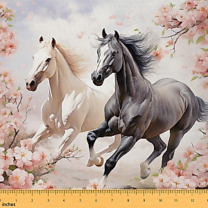 Horse Fabric by The Yard 1 Yard Chic Cherry Blossom Decorative Waterproof Outdoor Fabric White Galloping Horse Printed Upholstery Fabric for Chairs Wild Animal Kids Outdoor Fabric
