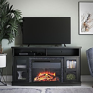 Ameriwood Home Barrow Creek Fireplace Console with Glass Doors, TVs up to 60", Black Oak