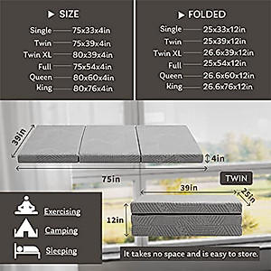 Tri-Fold Memory Foam Mattress, 4 inch Twin Folding Mattress with Collapsible and Washable Cover, Travel and Guest Mat, 75"×38"×4", Grey
