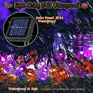 Enhon Halloween Lights, 26 FT 40LED Solar Halloween Pumpkin Bat Ghost Spider Lights for Decoration, IP44 Waterproof Lights with 8 Modes for Garden(Orange, Cool White, Purple, Dark Purple,1 Pc)