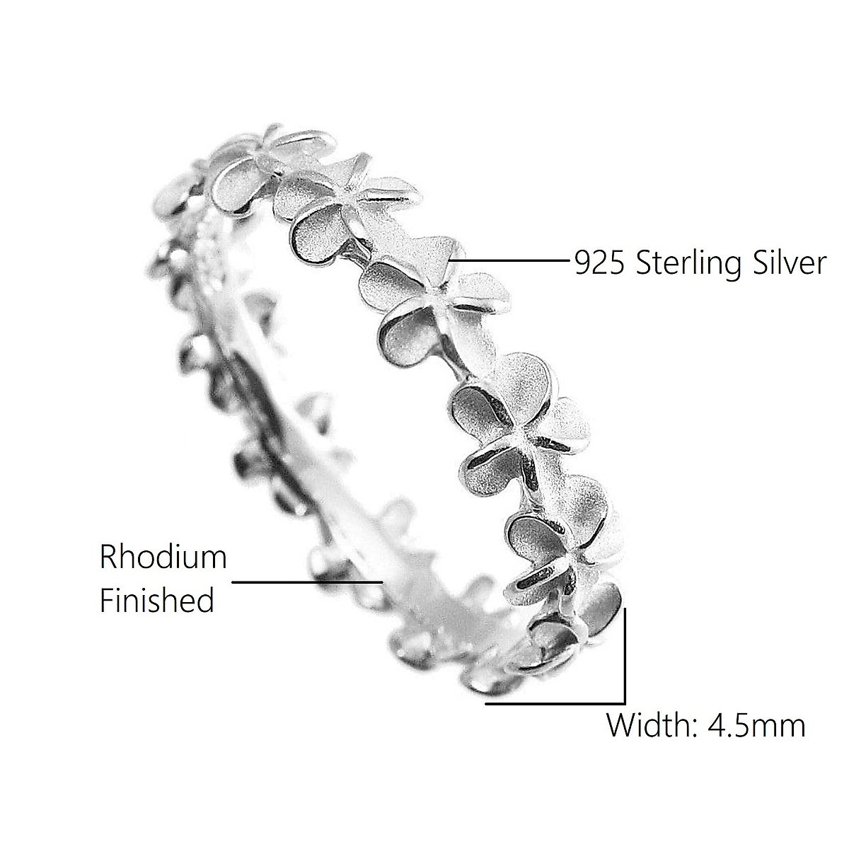 Aloha Jewelry Company 925 Sterling Silver Plumeria Flower Eternity Wedding Engagement Band Stackable Promise Ring, Nickle Free Hypoallergenic for Sensitive Skin, with Gift Box (4.5, Silver)