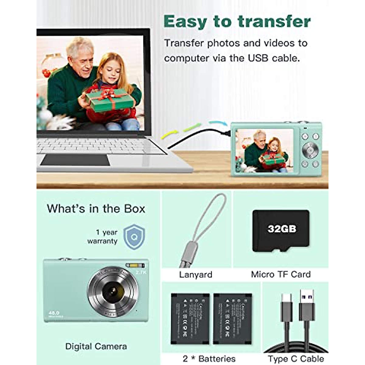 Digital Camera Auto Focus 2.7K 48MP Digital Point and Shoot Camera with 32GB Memory Card,16X Zoom, Time Lapse Vlogging Camera Digital Cameras for 8-15 Years Kids Teenagers Students Boys Girls, Green
