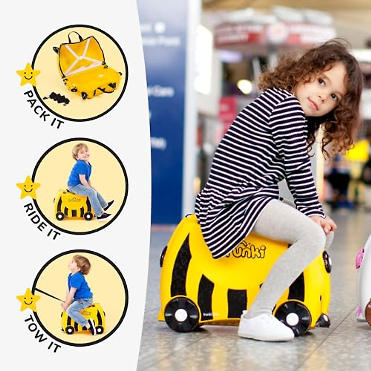 Trunki Ride-On Kids Suitcase | Tow-Along Toddler Luggage | Carry-On Cute Bag with Wheels | Kids Luggage and Airplane Travel Essentials: Bernard Bee Yellow