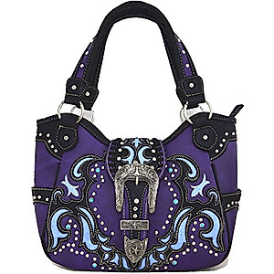 Western Style Belts Buckle Studded Concealed Carry Purse Laser Cut Handbags Women Shoulder Bag Wallet Set (Purple Set)