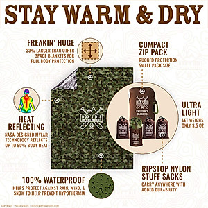 Don't Die In The Woods - Freakin’ Huge Emergency Blankets [4-Pack] Extra-Large Thermal Mylar Space Blankets with Ripstop Nylon Stuff Sacks + Carabiner Zipper Pack [Woodland Camo]