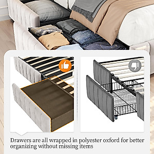 Yaheetech Queen Bed Frame Upholstered Platform Bed with 4 Storage Drawers, Large Storage Space/Strong Wooden Slats/Non-Slip and Noise-Free/No Fixed Headboard/No Box Spring Needed/Beige Queen Bed