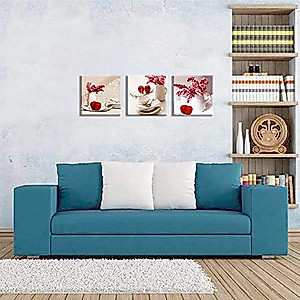 Red Apple Wall Art for Kitchen, SZ Flower Bowl and Dish Canvas Prints Decor for Dining Room (Waterproof Artwork, Bracket Mounted Ready to Hang)