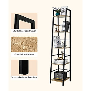 Pshelfy Bookshelf, 5-Tier Narrow Ladder Shelf Bookcase with Metal Frame, Freestanding Corner Rack Shelves for Small Spaces Display Storage Organizer Tall Skinny Shelf for Bedroom Living Room Kitchen
