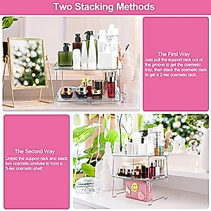 2 Tier Makeup Organizer Perfume Organizer Acrylic Bathroom Organizer Countertop Makeup and Perfume Organizer Collapsible Makeup Shelf Organizer for Vanity, Bathroom Counter, Kitchen Cabinets (Clear)